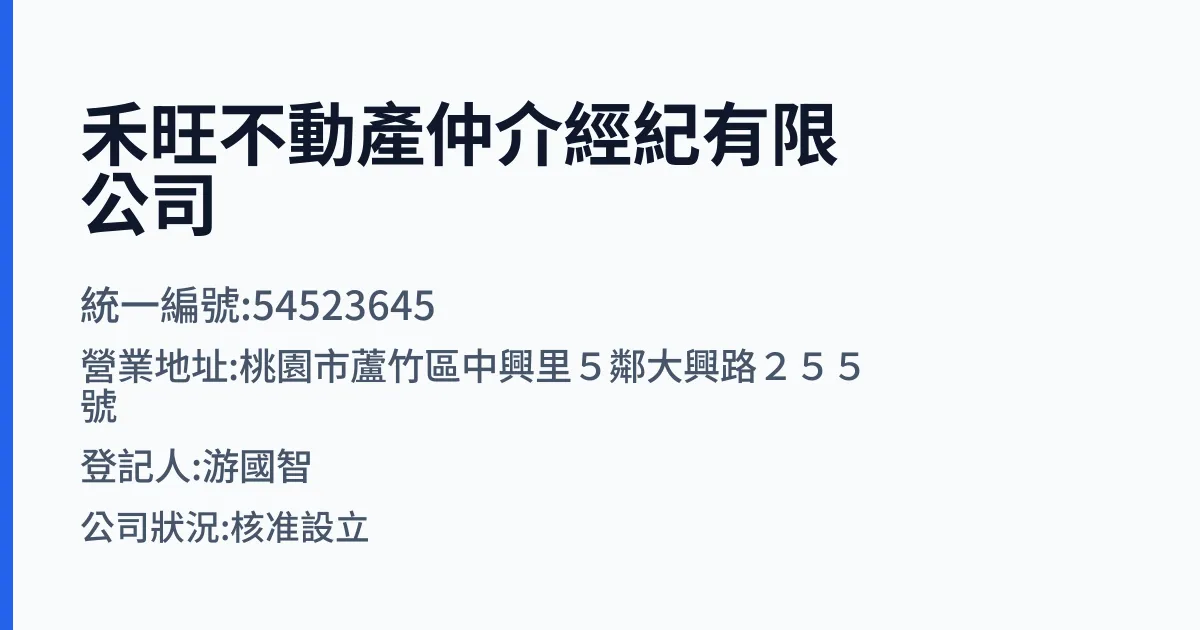 禾旺不動產仲介經紀有限公司 - 統編 54523645(桃園市) 公司登記資料與營業項目詳細圖表
