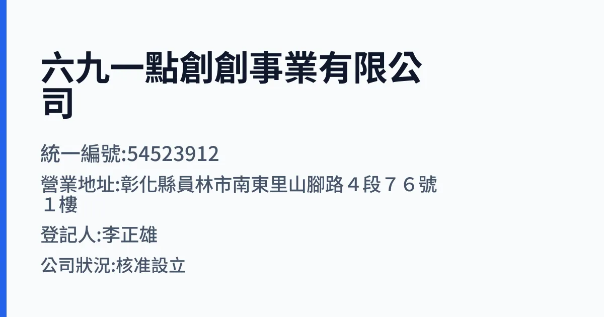 六九一點創創事業有限公司 - 統編 54523912(彰化縣) 公司登記資料與營業項目詳細圖表