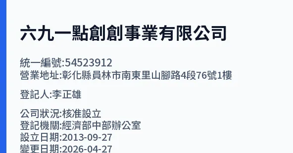 六九一點創創事業有限公司的照片-統編 54523912(彰化縣) 公司登記資料與營業項目詳細圖表
