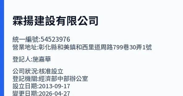 霖揚建設有限公司的照片-統編 54523976(彰化縣) 公司登記資料與營業項目詳細圖表