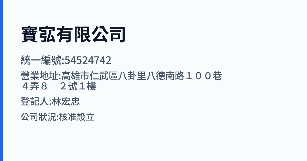 寶宖有限公司 - 統編 54524742(高雄市) 公司登記資料與營業項目詳細圖表