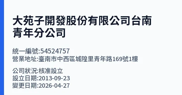 大苑子開發股份有限公司台南青年分公司的照片-統編 54524757(臺南市) 公司登記資料與營業項目詳細圖表