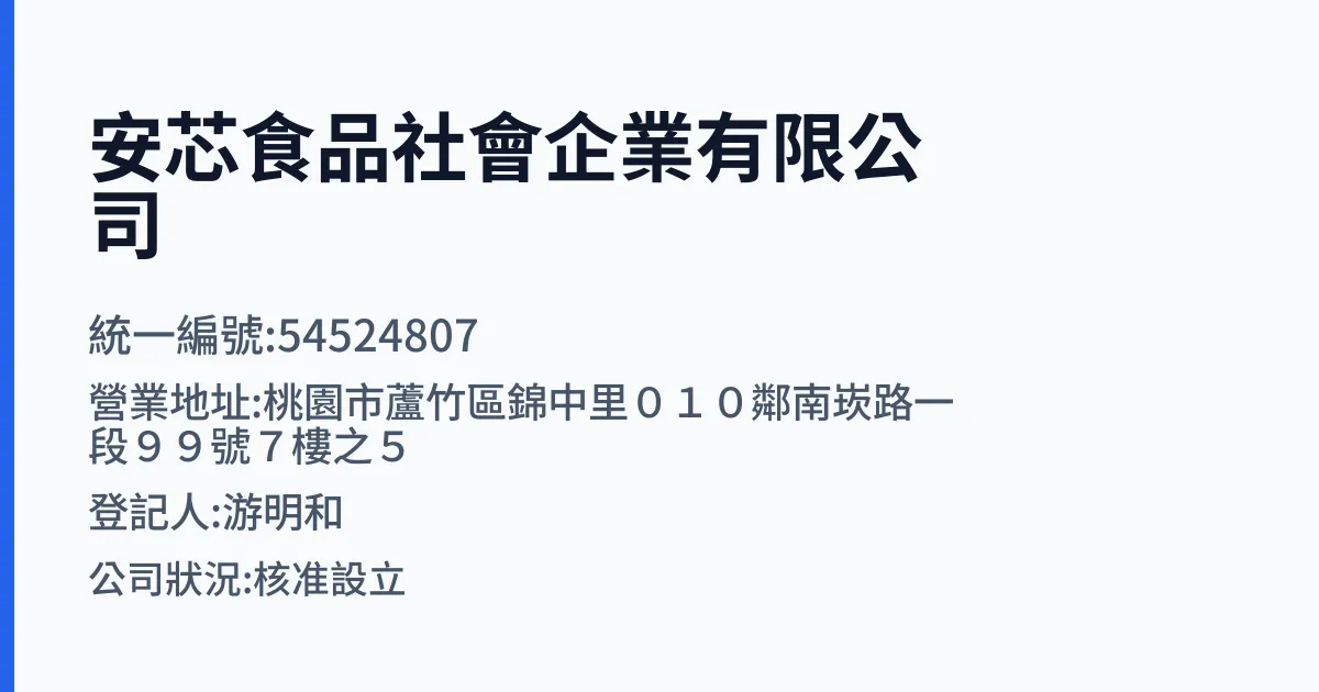 安芯食品社會企業有限公司 - 統編 54524807(桃園市) 公司登記資料與營業項目詳細圖表
