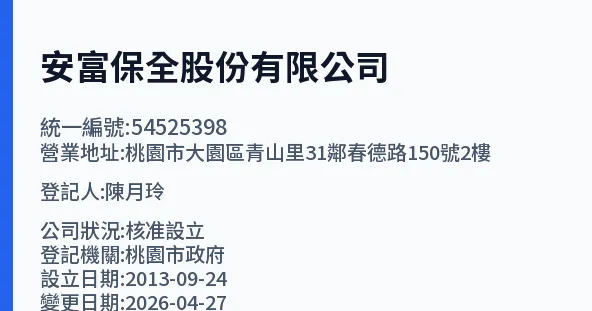 安富保全股份有限公司的照片-統編 54525398(桃園市) 公司登記資料與營業項目詳細圖表