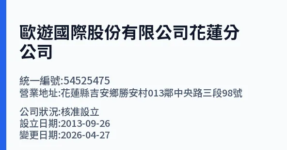 歐遊國際股份有限公司花蓮分公司的照片-統編 54525475(花蓮縣) 公司登記資料與營業項目詳細圖表