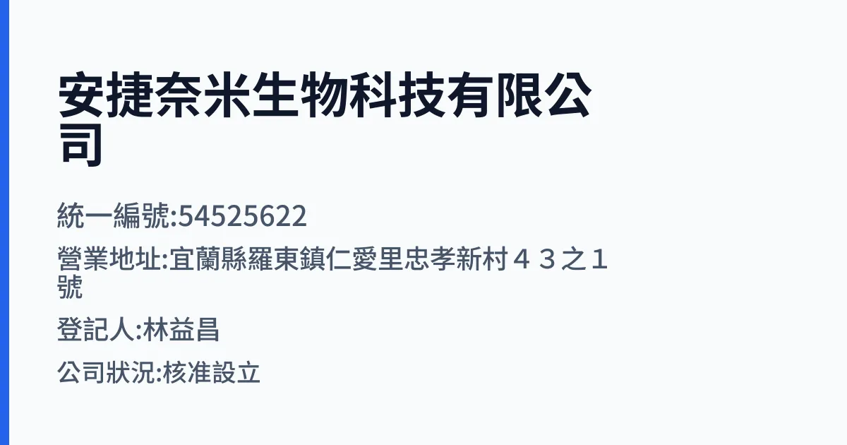 安捷奈米生物科技有限公司 - 統編 54525622(宜蘭縣) 公司登記資料與營業項目詳細圖表