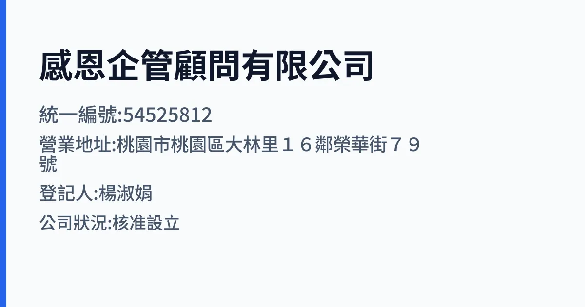 感恩企管顧問有限公司 - 統編 54525812(桃園市) 公司登記資料與營業項目詳細圖表