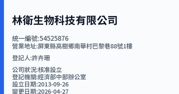 林衛生物科技有限公司的照片-統編 54525876(屏東縣) 公司登記資料與營業項目詳細圖表