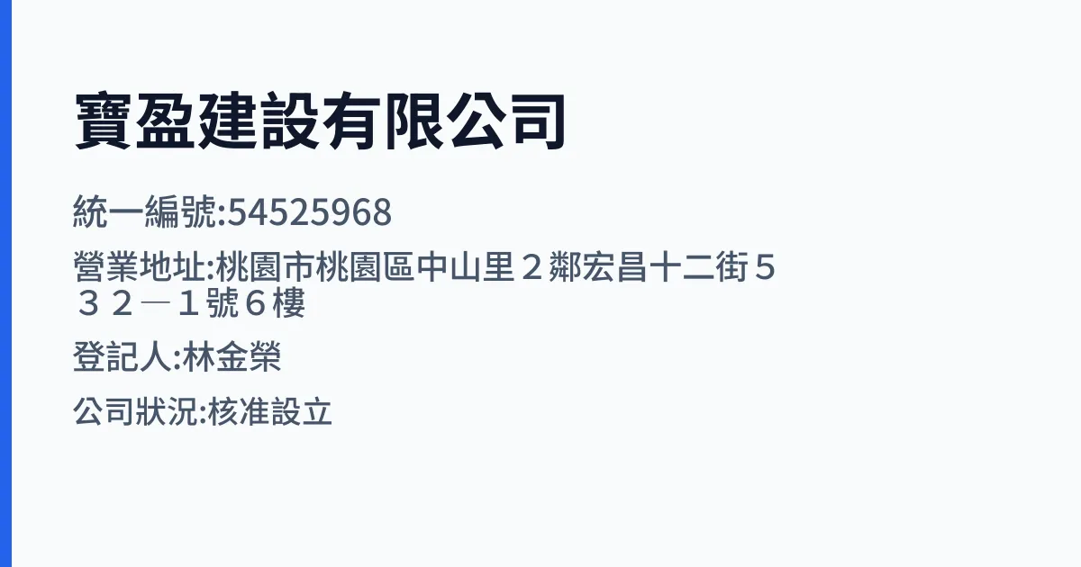 寶盈建設有限公司 - 統編 54525968(桃園市) 公司登記資料與營業項目詳細圖表