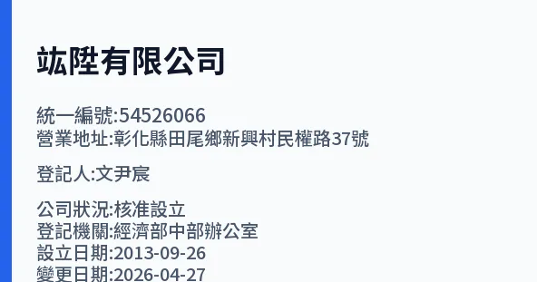 竑陞有限公司的照片-統編 54526066(彰化縣) 公司登記資料與營業項目詳細圖表