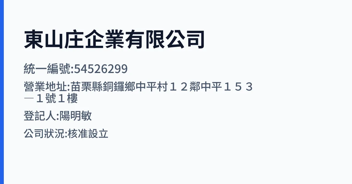東山庄企業有限公司 - 統編 54526299(苗栗縣) 公司登記資料與營業項目詳細圖表