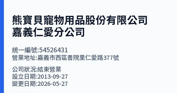 熊寶貝寵物用品股份有限公司嘉義仁愛分公司的照片-統編 54526431(嘉義市) 公司登記資料與營業項目詳細圖表