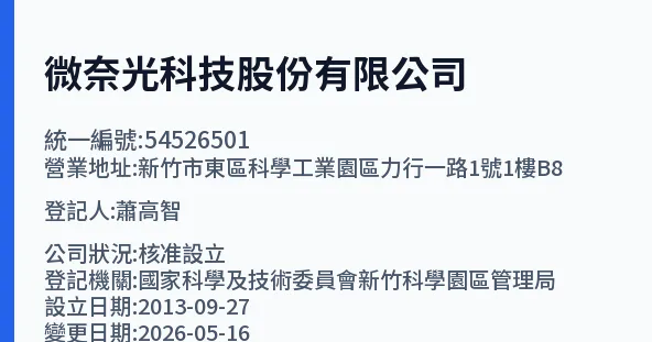 微奈光科技股份有限公司的照片-統編 54526501(新竹市) 公司登記資料與營業項目詳細圖表