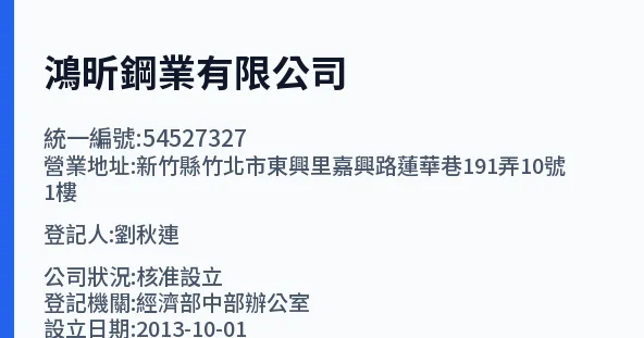 鴻昕鋼業有限公司的照片-統編 54527327(新竹縣) 公司登記資料與營業項目詳細圖表