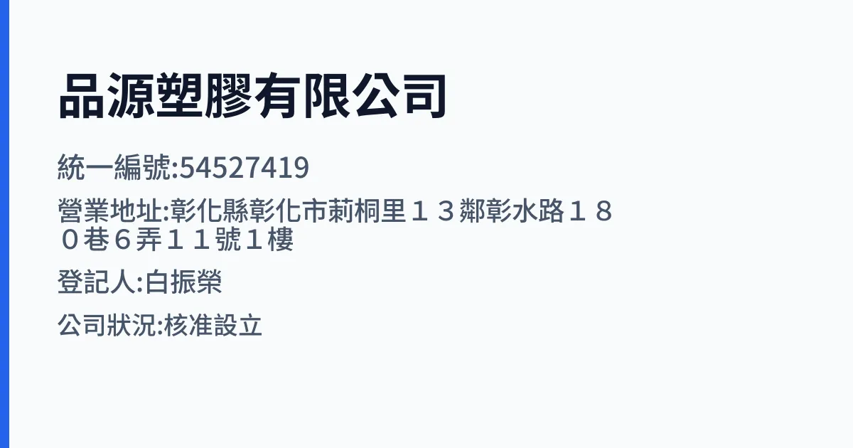 品源塑膠有限公司 - 統編 54527419(彰化縣) 公司登記資料與營業項目詳細圖表