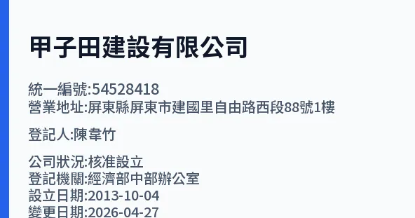 甲子田建設有限公司的照片-統編 54528418(屏東縣) 公司登記資料與營業項目詳細圖表