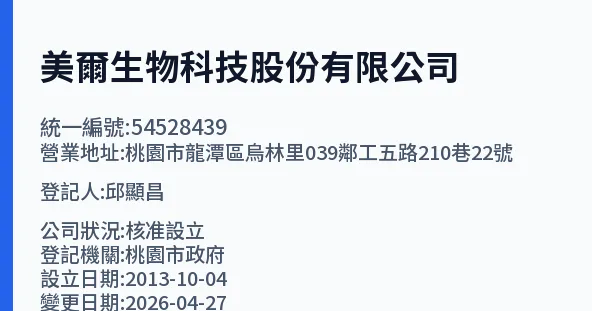 美爾生物科技股份有限公司的照片-統編 54528439(桃園市) 公司登記資料與營業項目詳細圖表