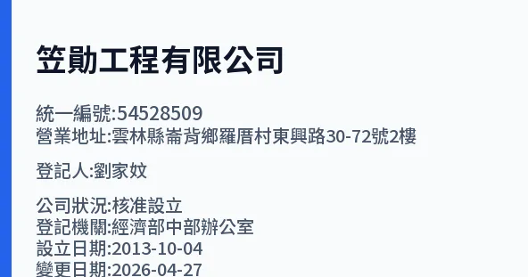 笠勛工程有限公司的照片-統編 54528509(雲林縣) 公司登記資料與營業項目詳細圖表