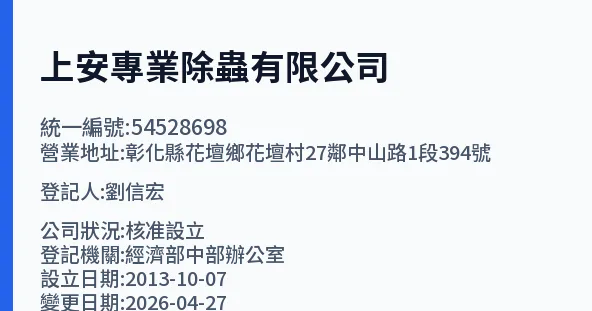 上安專業除蟲有限公司的照片-統編 54528698(彰化縣) 公司登記資料與營業項目詳細圖表