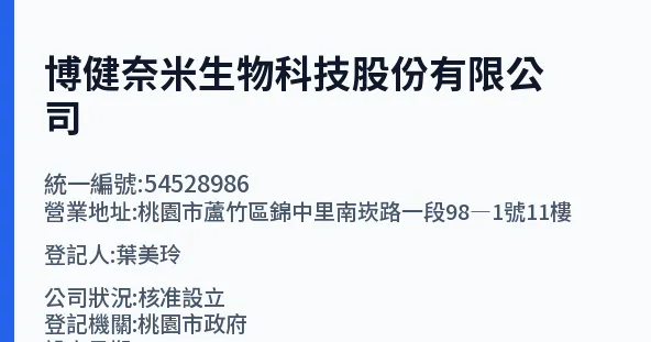 博健奈米生物科技股份有限公司的照片-統編 54528986(桃園市) 公司登記資料與營業項目詳細圖表