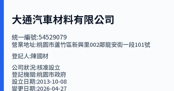 大通汽車材料有限公司的照片-統編 54529079(桃園市) 公司登記資料與營業項目詳細圖表