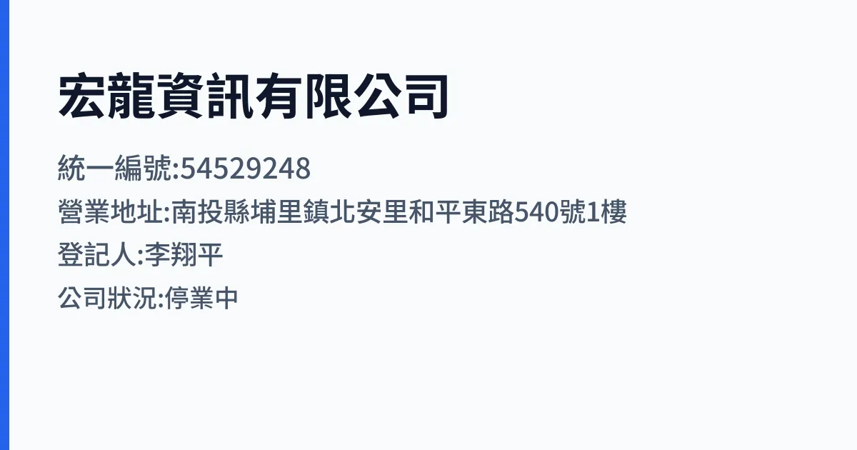 宏龍資訊有限公司 - 統編 54529248(南投縣) 公司登記資料與營業項目詳細圖表