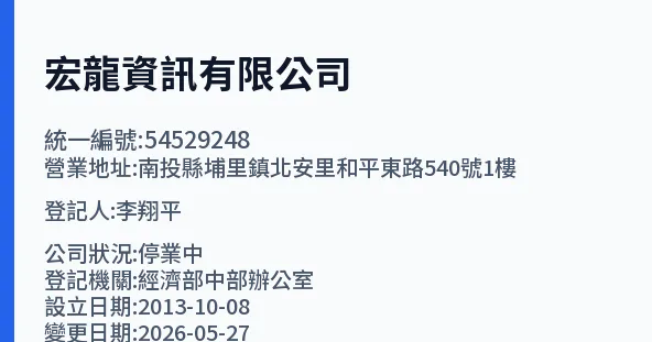 宏龍資訊有限公司的照片-統編 54529248(南投縣) 公司登記資料與營業項目詳細圖表