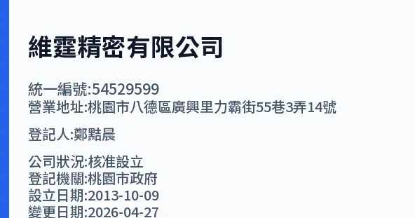 維霆精密有限公司的照片-統編 54529599(桃園市) 公司登記資料與營業項目詳細圖表