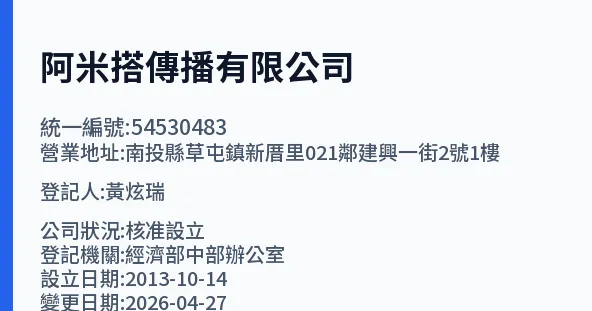 阿米搭傳播有限公司的照片-統編 54530483(南投縣) 公司登記資料與營業項目詳細圖表