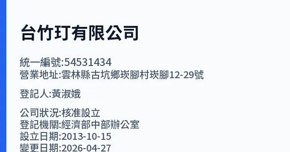 台竹玎有限公司的照片-統編 54531434(雲林縣) 公司登記資料與營業項目詳細圖表