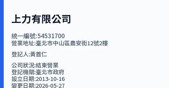 上力有限公司的照片-統編 54531700(臺北市) 公司登記資料與營業項目詳細圖表