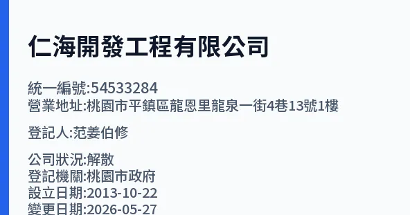 仁海開發工程有限公司的照片-統編 54533284(桃園市) 公司登記資料與營業項目詳細圖表