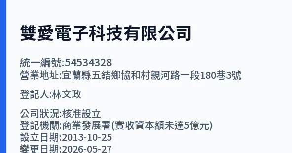 雙愛電子科技有限公司的照片-統編 54534328(宜蘭縣) 公司登記資料與營業項目詳細圖表