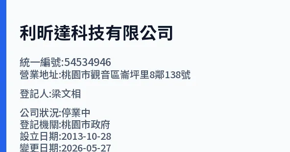 利昕達科技有限公司的照片-統編 54534946(桃園市) 公司登記資料與營業項目詳細圖表