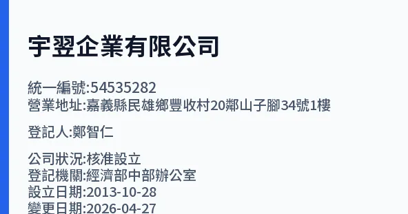 宇翌企業有限公司的照片-統編 54535282(嘉義縣) 公司登記資料與營業項目詳細圖表