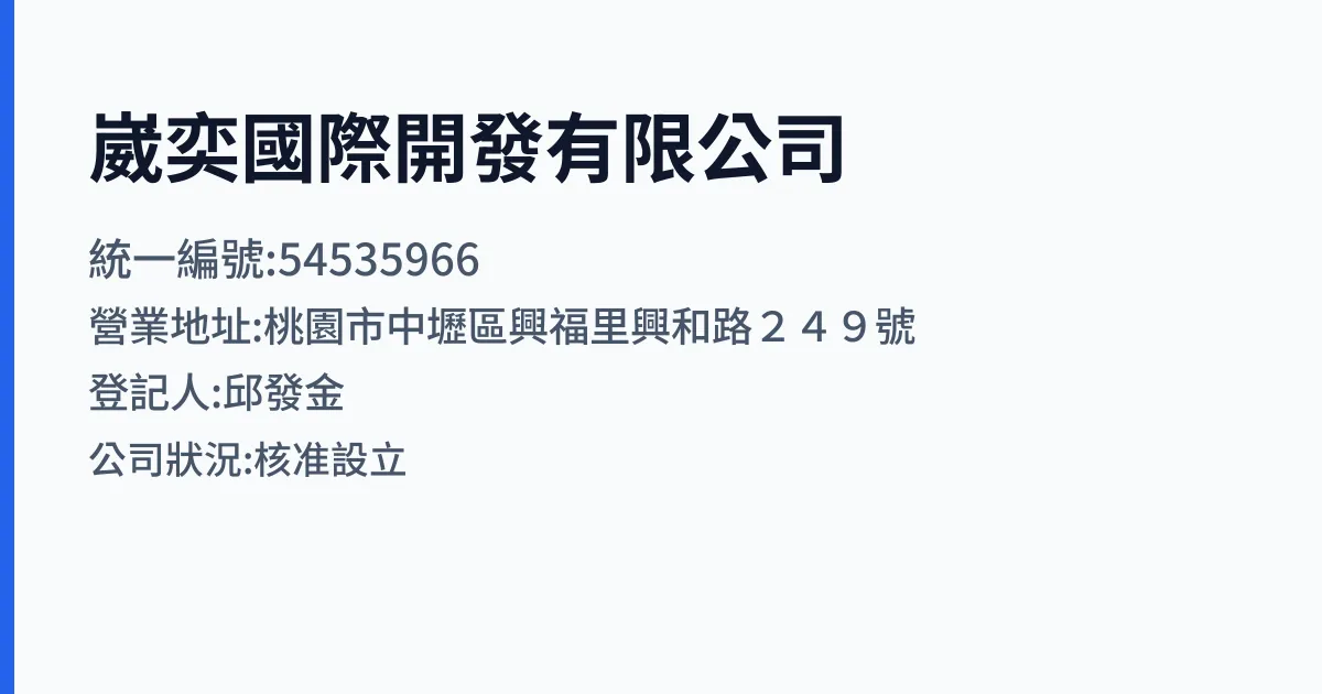 崴奕國際開發有限公司 - 統編 54535966(桃園市) 公司登記資料與營業項目詳細圖表