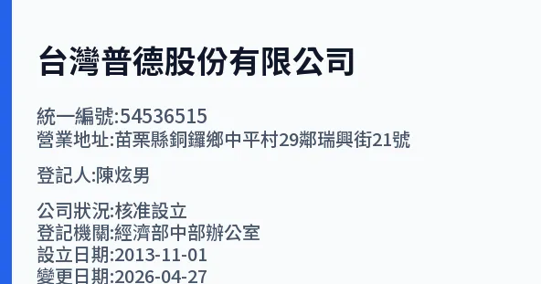 台灣普德股份有限公司的照片-統編 54536515(苗栗縣) 公司登記資料與營業項目詳細圖表