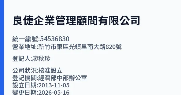 良倢企業管理顧問有限公司的照片-統編 54536830(新竹市) 公司登記資料與營業項目詳細圖表