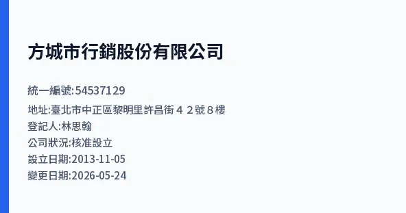 方城市行銷股份有限公司的照片-統編 54537129(臺北市) 公司登記資料與營業項目詳細圖表