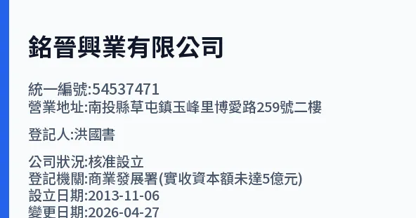 銘晉興業有限公司的照片-統編 54537471(南投縣) 公司登記資料與營業項目詳細圖表