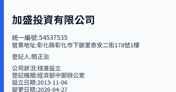 加盛投資有限公司的照片-統編 54537535(彰化縣) 公司登記資料與營業項目詳細圖表