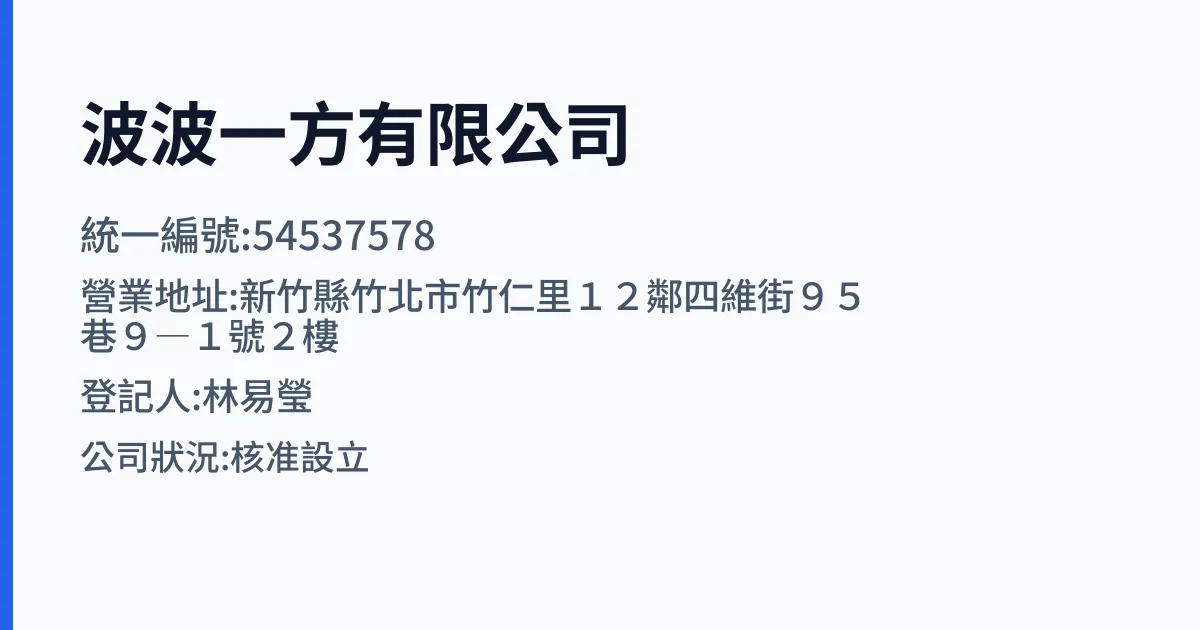波波一方有限公司 - 統編 54537578(新竹縣) 公司登記資料與營業項目詳細圖表