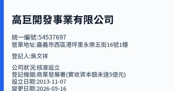高巨開發事業有限公司的照片-統編 54537697(嘉義市) 公司登記資料與營業項目詳細圖表