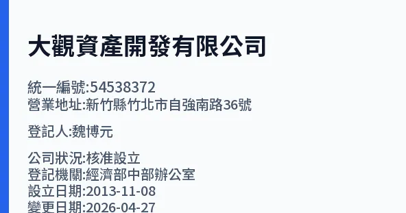 大觀資產開發有限公司的照片-統編 54538372(新竹縣) 公司登記資料與營業項目詳細圖表