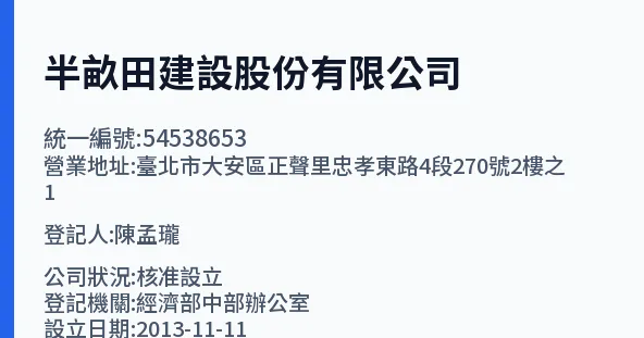 半畝田建設股份有限公司的照片-統編 54538653(臺北市) 公司登記資料與營業項目詳細圖表