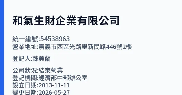 和氣生財企業有限公司的照片-統編 54538963(嘉義市) 公司登記資料與營業項目詳細圖表