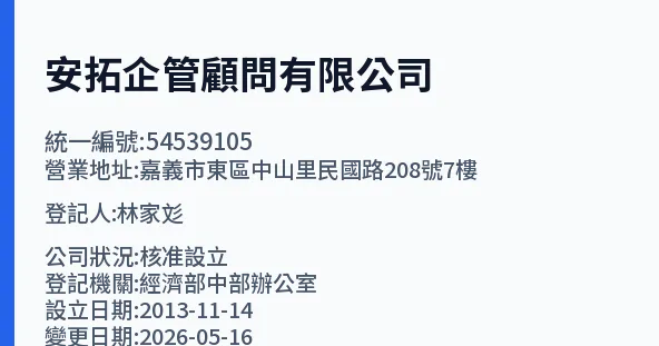安拓企管顧問有限公司的照片-統編 54539105(嘉義市) 公司登記資料與營業項目詳細圖表