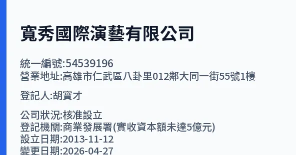 寬秀國際演藝有限公司的照片-統編 54539196(高雄市) 公司登記資料與營業項目詳細圖表