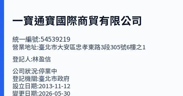 一寶通寶國際商貿有限公司的照片-統編 54539219(臺北市) 公司登記資料與營業項目詳細圖表
