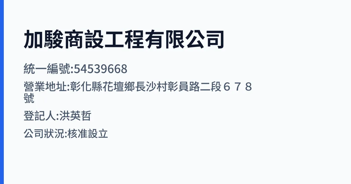加駿商設工程有限公司 - 統編 54539668(彰化縣) 公司登記資料與營業項目詳細圖表